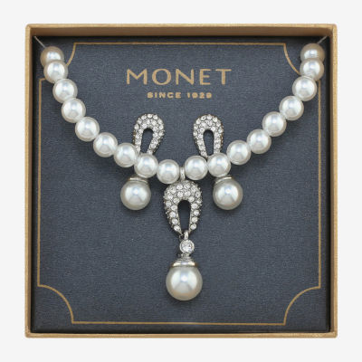 Monet® Simulated Pearl Crystal Double Drop Earring and Necklace Boxed ...
