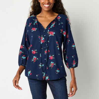 St. John's Bay Womens Split Crew Neck 3/4 Sleeve Blouse - JCPenney