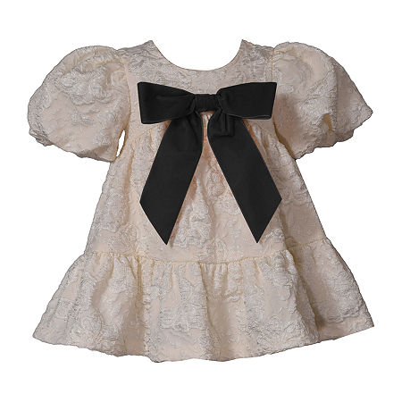 Bonnie Baby Baby Girls Bow Detail Jacquard Dress - Ivory
