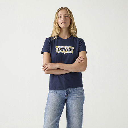 Levis Womens Perfect Graphic Logo Cotton T-shirt - Deirdre Floral Bw Fill Peacoat