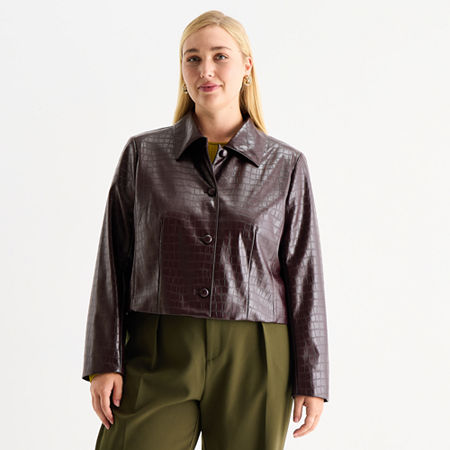 Worthington Womens Plus Faux Leather Lightweight Cropped Jacket  1x  Purple