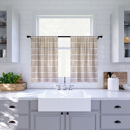 Twill Stripe Anti-Dust Linen Blend Sheer Cafe Curtain Pair - Natural