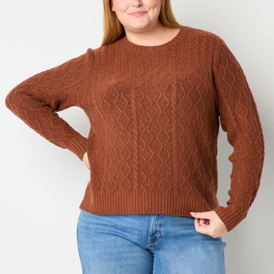 St. John's Bay Plus Womens Crew Neck Long Sleeve Cable Knit Pullover ...