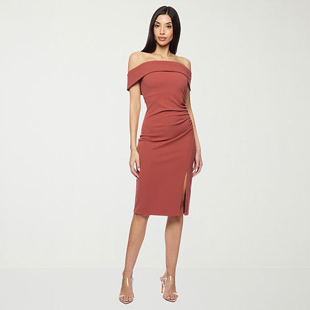 Premier Amour Off The Shoulder Womens Short Sleeve Midi Sheath Dress  4  Red