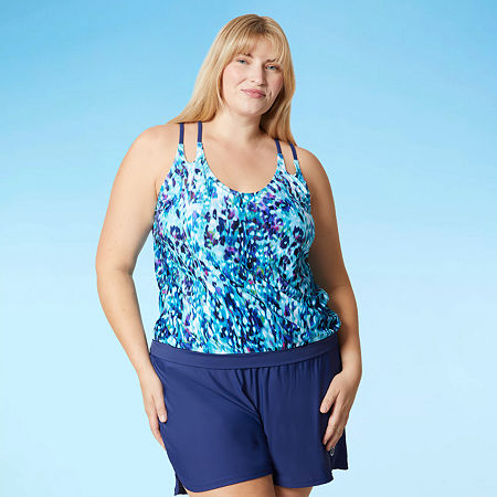 Free Country Womens Adjustable Straps Built in Bra Abstract Plus Blouson Swimsuit Top  1x  Blue