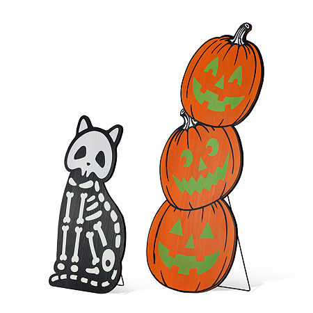 Glitzhome Halloween Wooden Skeleton Cat and Stacked Pumpkin Porch Decor  Set of 2 - Multi