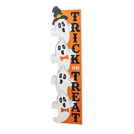 Glitzhome 42 Lighted Halloween Wooden Stacked Ghost with Trick or Treat Porch Sign with Timer - Multi