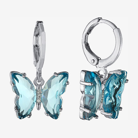 Silver Plated Aqua Colored Crystal Butterfly Drop Hoop Earrings