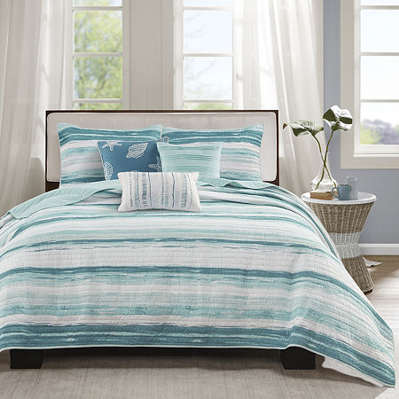 Madison Park Marina Printed 6 Piece Quilt Set  King/California King - Aqua