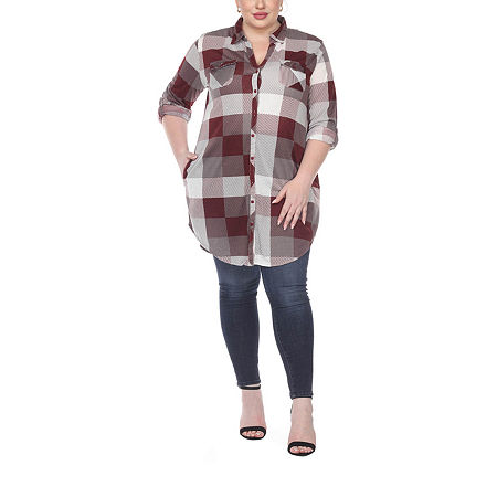 White Mark Plus Size Plaid Tunic Shirt - Burgundy and White