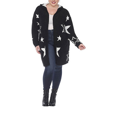 White Mark Plus Size Hooded Open Front Sherpa Sweater - Black  White Stars