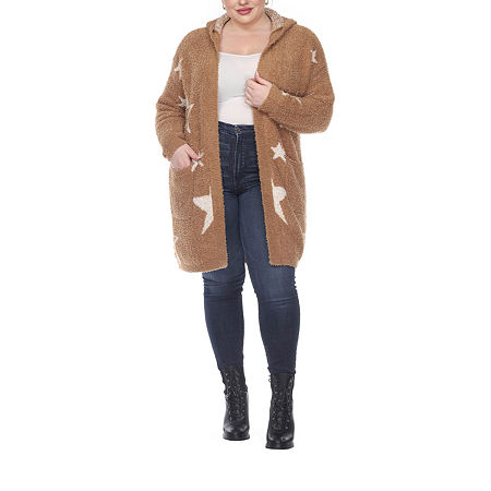 White Mark Plus Size Hooded Open Front Sherpa Sweater - Camel  White Stars