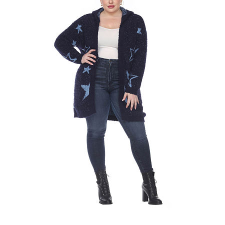 White Mark Plus Size Hooded Open Front Sherpa Sweater - Navy  Light Blue Stars