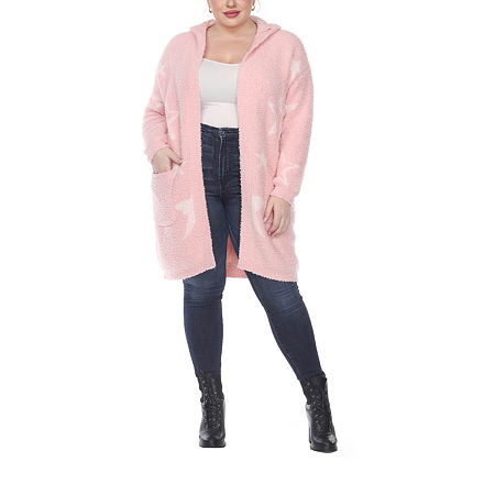 White Mark Plus Size Hooded Open Front Sherpa Sweater - Pink  Light Pink Stars