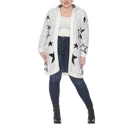 White Mark Plus Size Hooded Open Front Sherpa Sweater - White  Black Stars