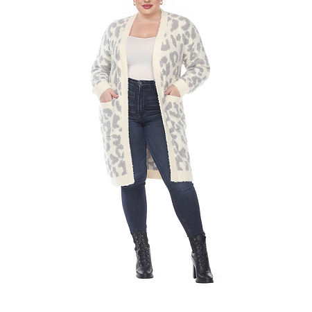 White Mark Plus Size Leopard Print Open Front Sherpa Sweater - Beige