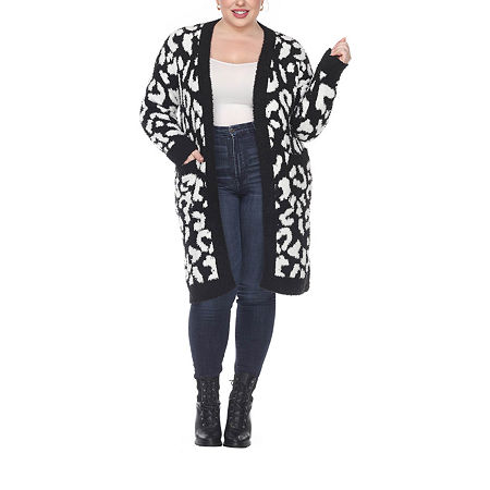 White Mark Plus Size Leopard Print Open Front Sherpa Sweater - Black  White