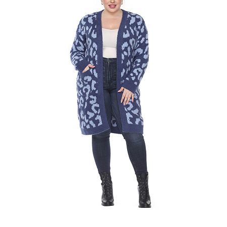 White Mark Plus Size Leopard Print Open Front Sherpa Sweater - Navy  Light Blue