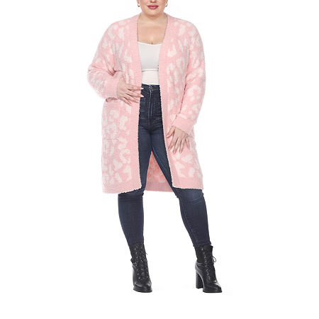 White Mark Plus Size Leopard Print Open Front Sherpa Sweater - Pink