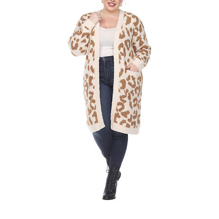White Mark Plus Size Leopard Print Open Front Sherpa Sweater - Tan Leopard