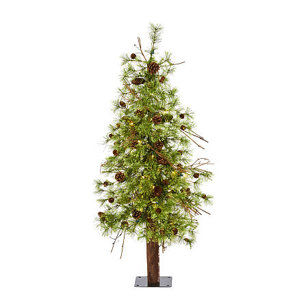 Nearly Natural Wyoming Alpine Artificial Christmas Tree with 50 Clear Multifunction Led Lights and Pine Cones On Natural Trunk - Green