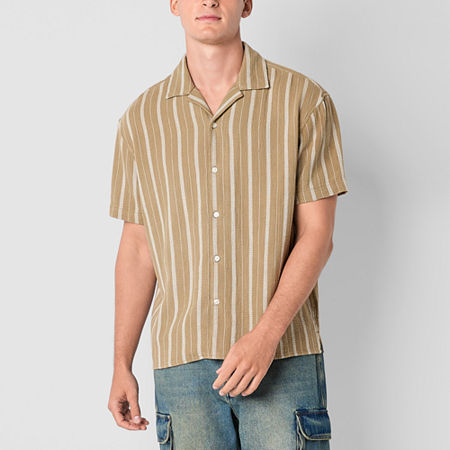 Arizona Mens Short Sleeve Textured Striped Camp Shirt  Large  Beige