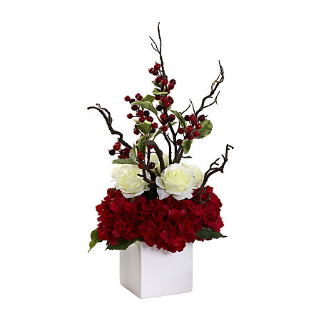 Nearly Natural 23.5in. Faux Hydrangea Rose Arrangement Red Christmas Tabletop Decor  One Size  Red