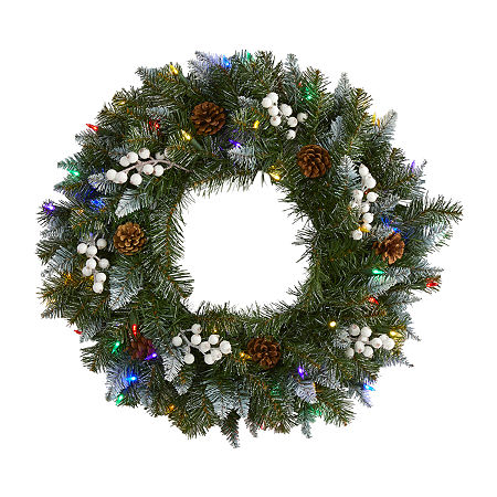 Click here for Nearly Natural Snow Pre-Lit Wreath  One Size  Gree... prices
