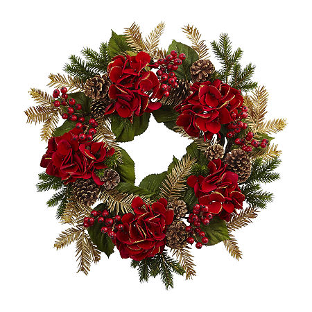Click here for Nearly Natural 24in. Faux Hydrangea Pine Wreath  O... prices