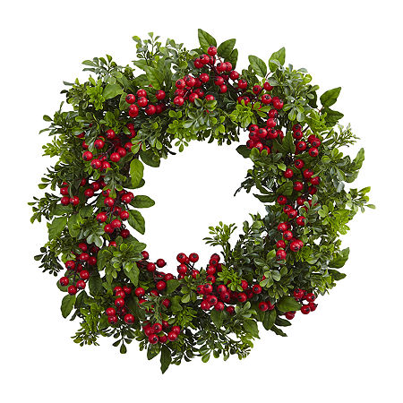 Nearly Natural 24 Berry Boxwood Wreath - Red
