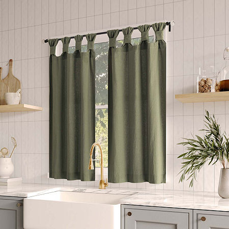 Washed Cotton Twist Tab Cafe Curtain Pair - Moss green