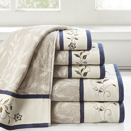 Madison Park Cotton 6-Pc. Embroidered Serene Jacquard Towel Set - Navy