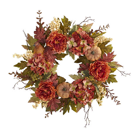 Click here for Nearly Natural Peony Hydrangea Pumpkin Wreath  One... prices