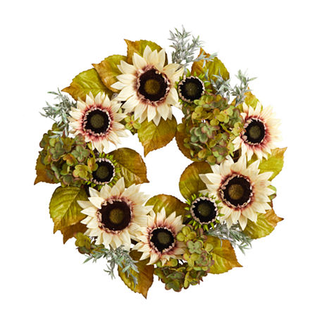 Click here for Nearly Natural 24 Sunflower Hydrangea Faux Wreath... prices