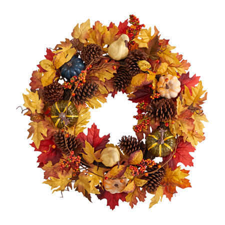 Click here for Nearly Natural 26 Pumpkin Gourd Maple Leaf Wreath... prices