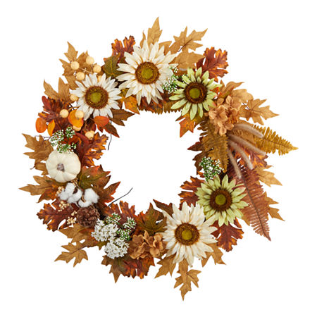 Nearly Natural 30 Sunflower Pumpkin Berry Wreath  One Size  Orange