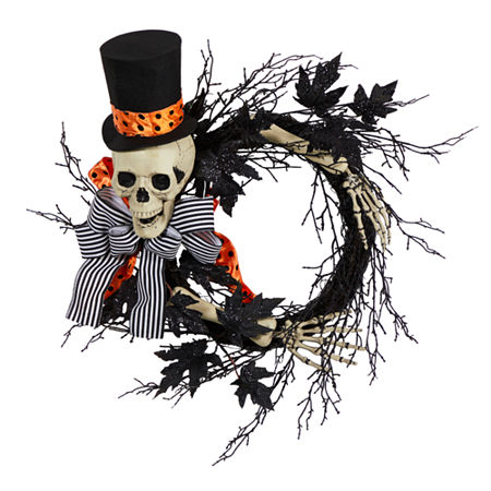 Nearly Natural 26 Halloween Dapper Skeleton Wreath  One Size  Black