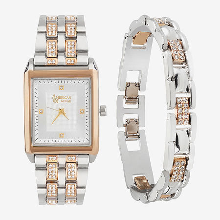 American Exchange Mens Crystal Bracelet Watch 33mm Gift Set - Two Tone