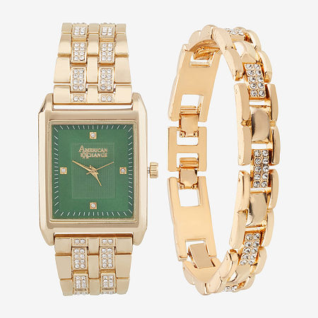 American Exchange Mens Crystal Bracelet Watch 33mm Gift Set - Gold