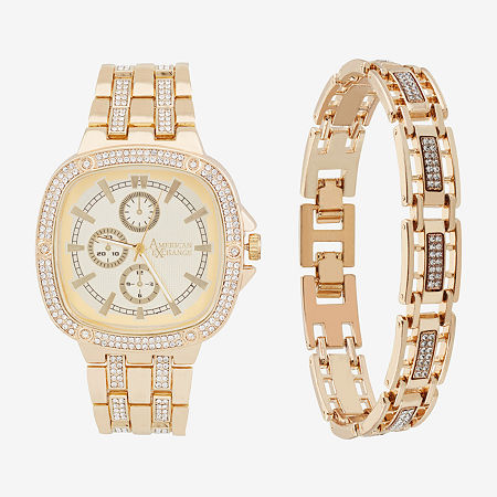 American Exchange Mens Crystal Bracelet Watch 46mm Gift Set - Gold