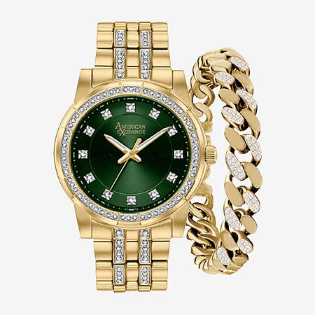 American Exchange Mens Crystal Bracelet Watch 46mm Gift Set - Gold/Green