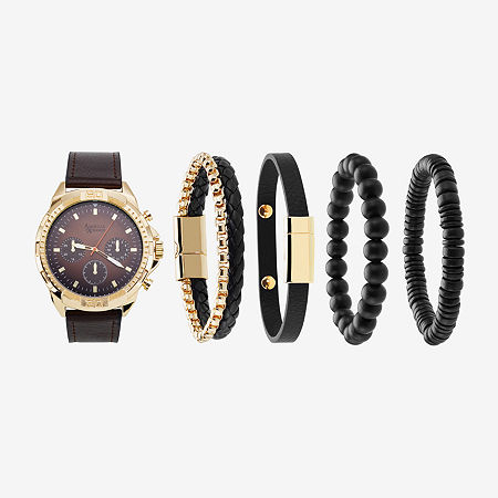 American Exchange Mens Brown Faux-Leather Strap Watch 51mm Gift Set - Brown