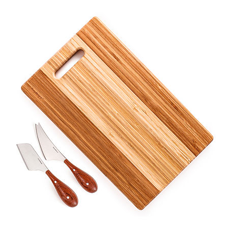 Bamboo 3 Piece Two-Tone Board with Handle and Aaron Probyn Cheese Knives Set - Brown