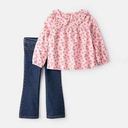 Carters Toddler Girls Floral Top and Denim Pants  2-Piece Set - Pink/Blue