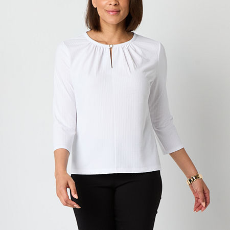 Liz Claiborne Womens Tall Crew Neck 3/4 Sleeve Blouse  Medium Tall  White