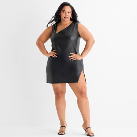 Ashley Graham Mini Womens Plus Sleeveless Faux Leather Sheath Dress  28w  Black