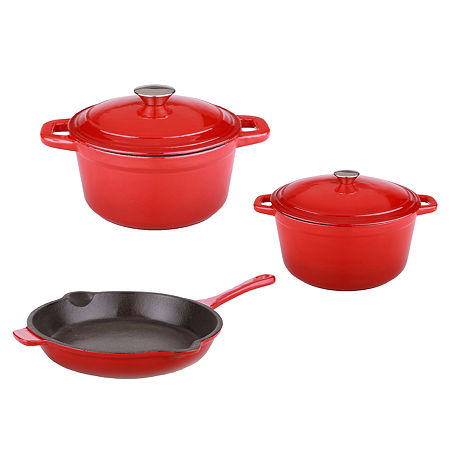 BergHOFF Neo 5pc Cast Iron Dutch Oven Set with 10 Fry Pan  3qt. & 5qt. - Red