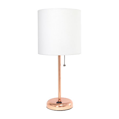 LimeLights Stick Lamp with Charging Outlet - White Shade  Rose Gold-Tone Base