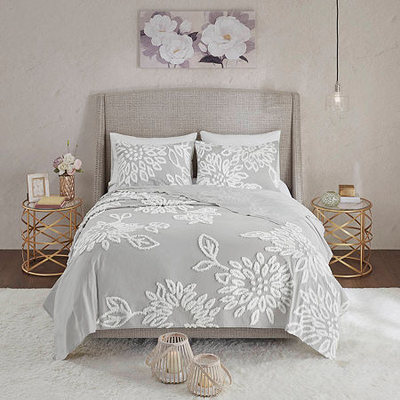 Madison Park Veronica Floral Tufted 3-Pc. Comforter Set  Full/Queen - Warm Grey/White