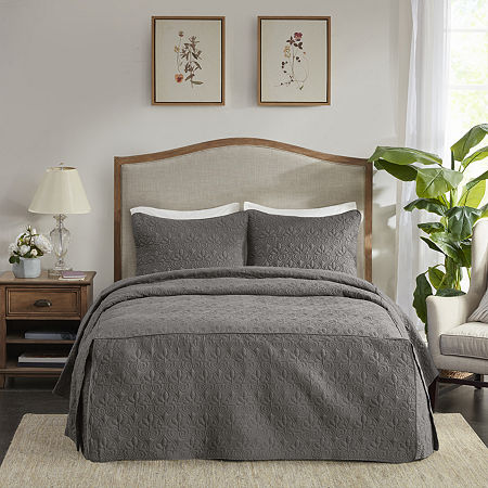 Madison Park Quebec Open Corner Pleated Quilted Bedspread  Queen - Dark Grey